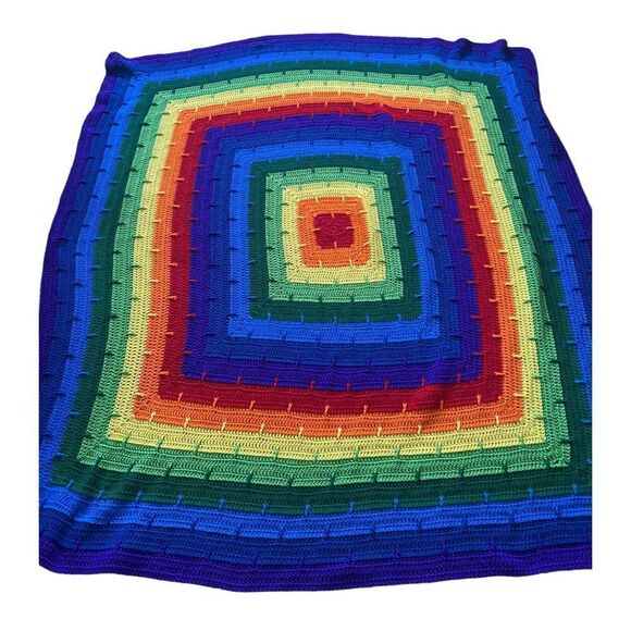 Bedding | Vintage Rainbow Grannycore Handmade Crochetblanket Oversized ...